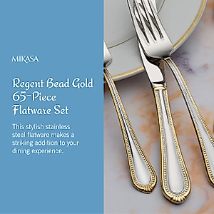 Mikasa, Gold Accent Regent Bead Flatware Service for 12, 65 Piece Set, 18/10 Stainless Steel, Silverware Set with Serving Utensils