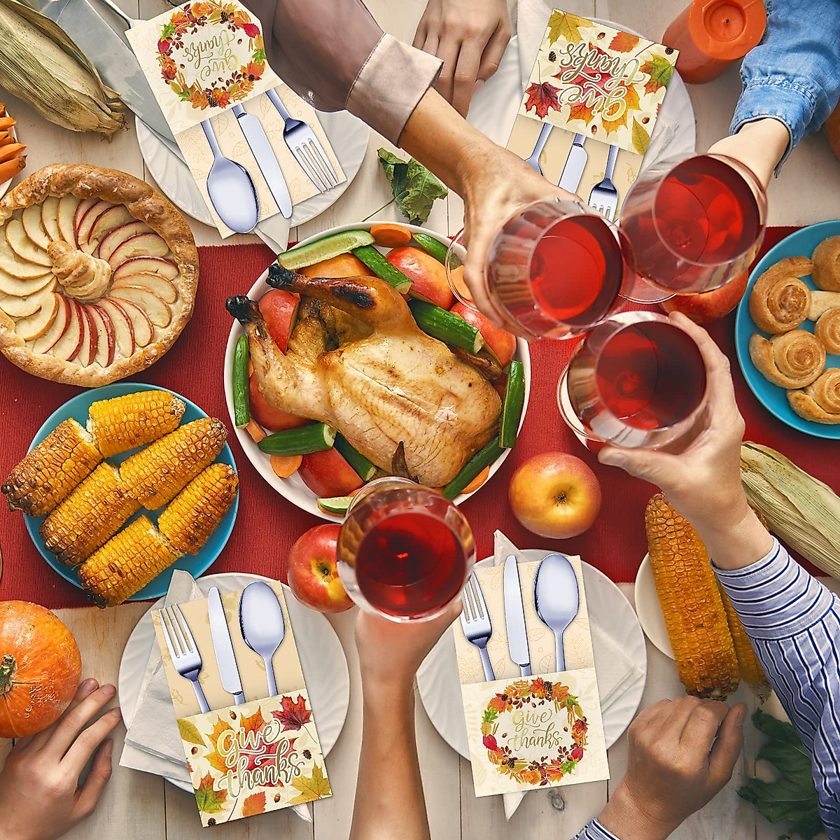 Thanksgiving Cutlery Holder Gold Foil with Give Thanks Maple Leaf design, Utensil Holder for Autumn Harvest Party Table Decorations, 24 pack, Mix 2 designs