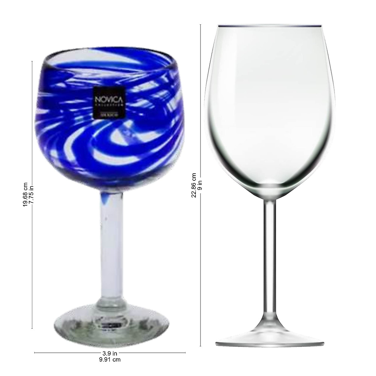 NOVICA Hand Blown Blue Swirl Recycled Glass Wine Glasses,11 oz 'Blue Ribbon' (large, set of 6)