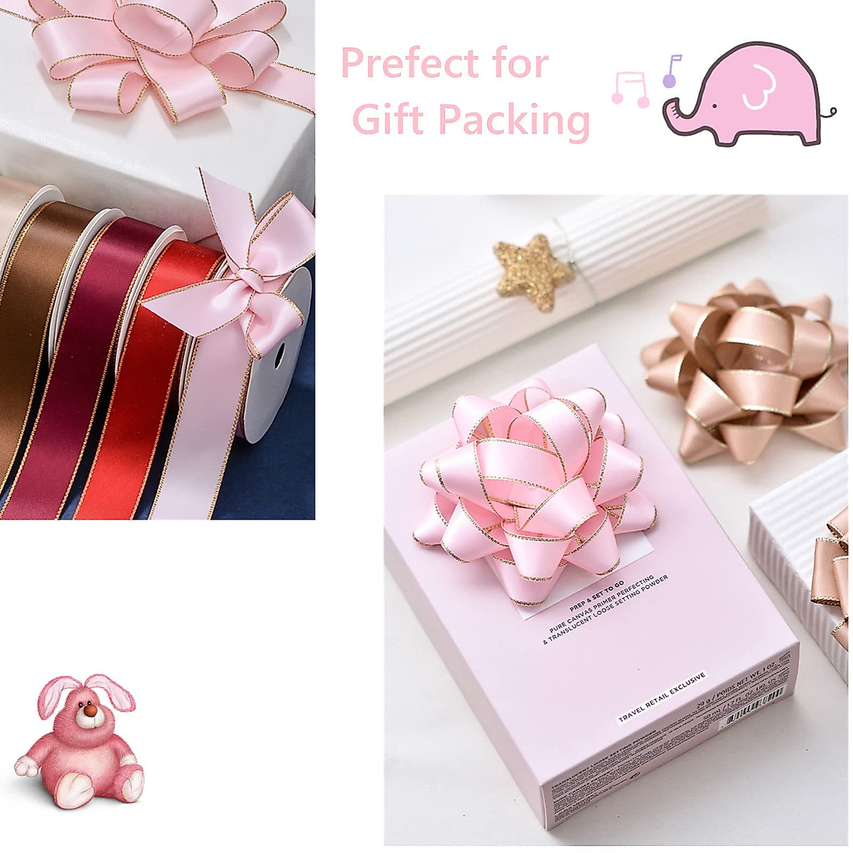 VIVIQUEN Pink Double Faced Satin Ribbon with Gold Edge, 1” Polyester Continuous Ribbon -25 Yards,Wide Ribbon for Gift Wrapping,Wedding,Bows Bouquet,Floral Arrangement and Craft