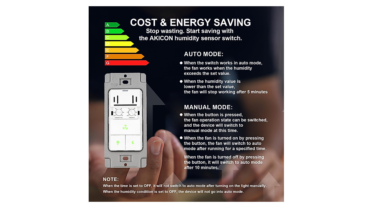 Akicon Humidity Sensor & Light Switch for Bathroom Ventilation