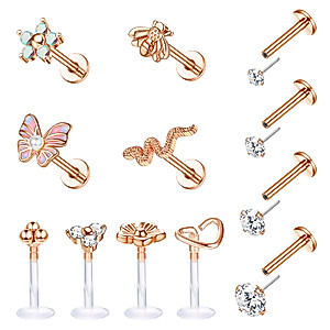 FIBO STEEL 16G Surgical Steel Forward Labret Helix Earrings for Women Threadless Push in Lip Rings Tragus Medusa Conch Monroe Piercing Jewelry Rose Gold-tone