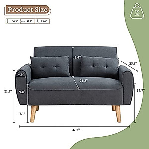 Vongrasig 47" Small Modern Loveseat Sofa, Mid Century Linen Fabric 2-Seat Sofa Couch Tufted Love Seat with Back Cushions and Tapered Wood Legs for Living Room, Bedroom and Small Space (Dark Gray)
