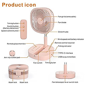 Portable Pedestal Fan - Foldaway Standing Fan Foldable Desk Fan, Wireless Use 7200Mah Rechargeable Battery, Remote Control Telescopic 4 Speed Quiet Timer Fan for Home Kitchen Outdoor Camping (Pink)