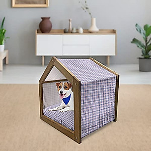 Ambesonne Checkered Wooden Pet House, Country Inspired Old Fashioned Pattern Picnic Theme Soft Colors Print, Indoor & Outdoor Portable Dog Kennel with Pillow and Cover, Medium, Violet Blue White Pink