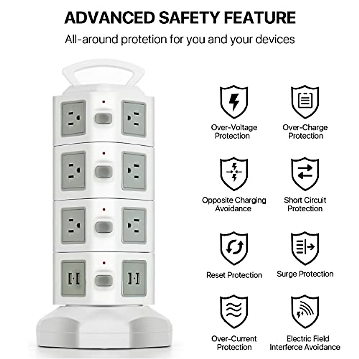 TNP Power Strip Tower Surge Protector - Tower Power Strip with 14 AC Outlets & 4 USB Ports - 2500W/10A - 6ft Cord - USB Plug Tower for Home, Office, Bedroom, Work Desk