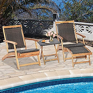 Tangkula Patio Lounge Chair and Side Table Set, Acacia Wood Wicker Folding Table and Armrest Chair with Retractable Ottoman, Acacia Wood Outdoor Chaise Lounger for Garden, Backyard, Poolside, Balcony