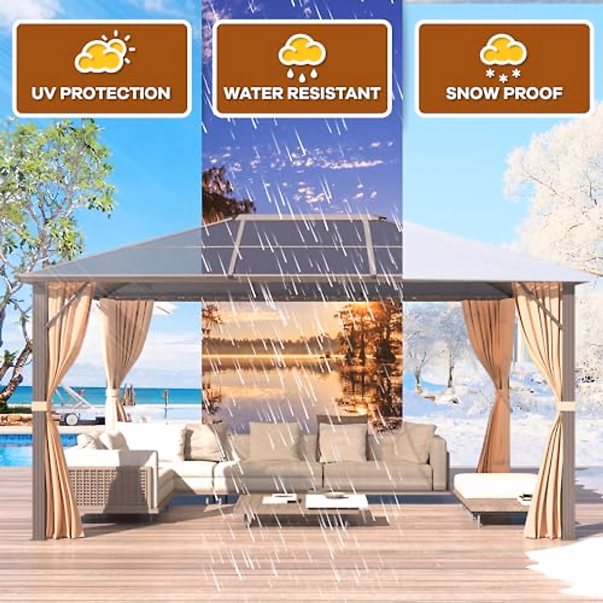 YOLENY 10'x12' Hardtop Gazebo, Outdoor Polycarbonate Roof Canopy, Aluminum Frame Permanent Pavilion with Curtains and Netting, Sunshade for Garden, Patio, Lawns