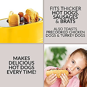 Oscar Mayer 2 Slot Hot Dog and Bun Toaster with Mini Tongs, Hot Dog Toaster Works with Chicken, Turkey, Veggie Links, Sausages and Brats, Yellow