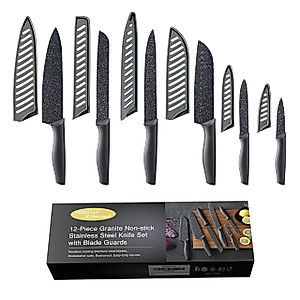 Marco Almond Kitchen Knife Set, KYA39 12-Piece Chef Knife Sets, 6 Knives with 6 Blade Guards, Stainless Steel Knives Set for Kitchen with Covers, Black