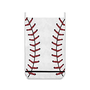 Red Stitching Baseball Door Hanging Laundry Hamper Bag Softball Laces Space Saving Wall Large Laundry Basket Storage Dirty Clothes Bags with Bottom Zippers Hooks for Bathroom Bedroom 1 Pcs