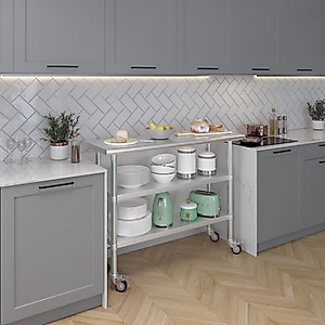 Stainless Steel Work Table with 2 Shelves with Casters | Metal Utility Table | Commercial & Residential NSF Utility Table (Stainless Steel Table with 2 Shelves, 48" Long x 18" Deep)