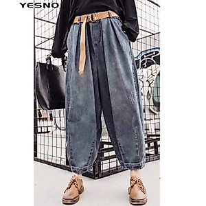 YESNO Women Casual Loose Cropped Trousers Pants Denim Bloomers Elastic Waist with Pockets XL PJDTYP1 Blue