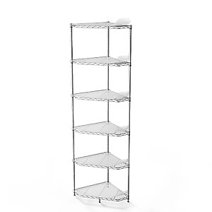 6-Tier NSF Metal Corner Shelf Wire Shelving Unit - 600lbs Capacity, Adjustable, with leveling feet & Shelf Liners - Ideal for Garage, Kitchen - 20" L x 20" D x 72" H - Pentagonal-Shape - Chrome