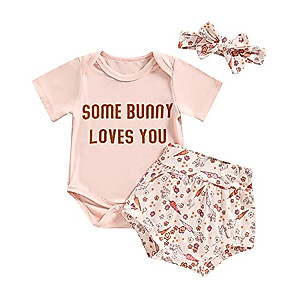 Easter Baby Girl Outfit - Some Bunny Loves You Short Sleeve Romper Bodysuit Carrot Short Baby Girl Easter Outfits (Pink# Bunny Love, 0-6 Months)
