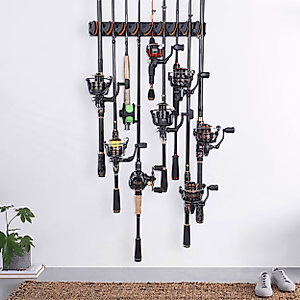 PLUSINNO V9 Vertical Fishing Rod Holders, Wall Mounted Fishing Pole Holders, Fishing Rod Rack Holds Up to 9 Rods or Combos, Fishing Rod Holders for Garage, Fits Most Rods of Diameter 3-19mm