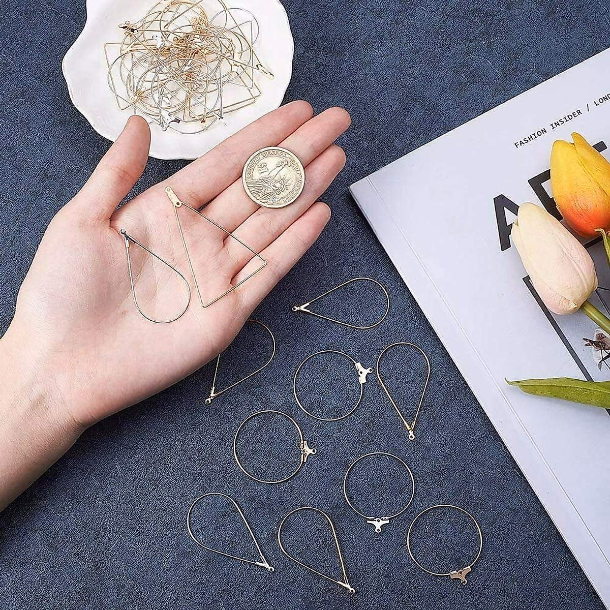TopBine 60pcs Hoop Earrings Set - Round, Teardrop, Triangle - Gold K, White K - DIY Earring Making