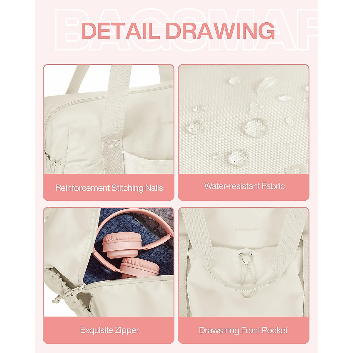 BAGSMART Foldable Travel Duffle Bag for Women, Gym Tote Bag for Sports, 26L Airport Carry On Weekender Overnight Bag for Travel, Travel Accessories(Beige)