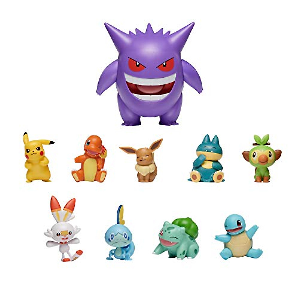 Pokémon Ultimate Battle Multi 10 Pack Action Figures - Gengar, Pikachu, Charmander, Squirtle, Bulbasaur, Eevee, Sobble, Grookey, Scorbunny & Munchlax - Official Authentic Details