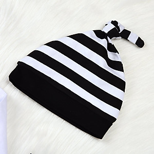 Newborn 4pcs Set Outfit Striped Hoodie with Romper Jumpsuit+ Striped Long Pants and Hat (0-3Months, Long Sleeve)