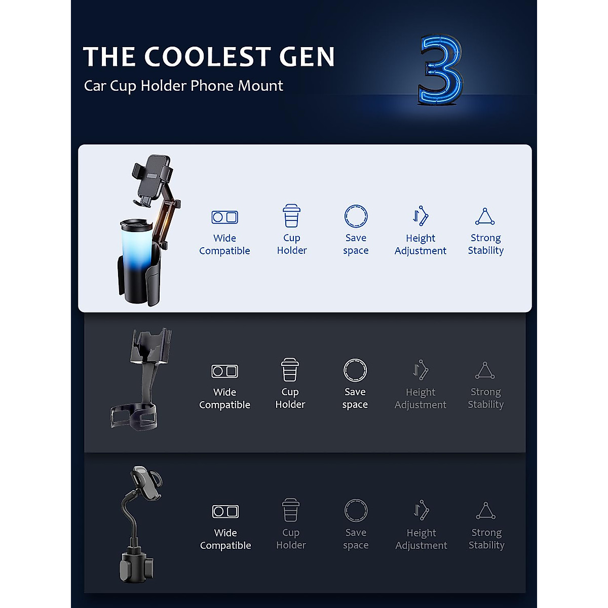 Car Cup Holder Phone Mount: [Bottle Friendly] Car Cell Phones Cup Stand Expander with Height Adjustable Arm Fit for Truck | SUV | Automobile Compatible with iPhone & Samsung & Android Smartphones