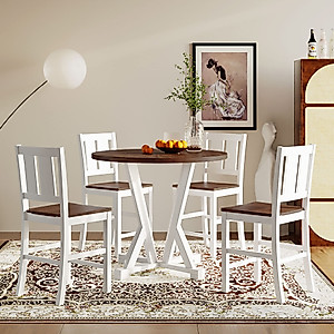 Bellemave Counter Height Round Dining Table Set for 4 High Top Kitchen Table and Chairs 5-Piece Small Wood Dining Room Sets for Apartment, Tall Round Dinette Set for 4, Brown