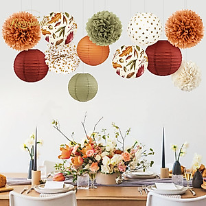 NICROLANDEE Fall Wedding Decorations, 12 PCS Orange Maple Leaf Paper Lanterns Tissue Pom Poms for Thanksgiving Day Backdrop Decoration, Fall Baby Bridal Shower, Birthday, Autumn Harvest Party Decor