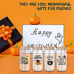 Umigy 4 Set Halloween Glass Cups with Lids Straws Brushes Halloween Decorations Drinking Glasses, Funny Witch Ghost Pumpkin 16oz Can Shaped Beer Glass Trick or Treat Gift for Women Kids Men (Cute)