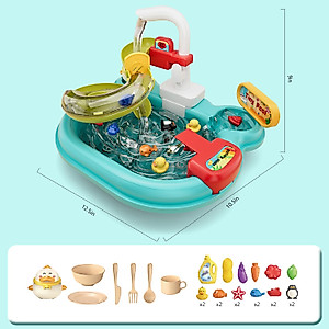Jiakora Play Sink with Running Water, 3-in-1 Toddler Kitchen Toys, Water Table, Fishing Set, Tracks, Pretend Play Kitchen Cleaning Set water toys for toddlers 1-3