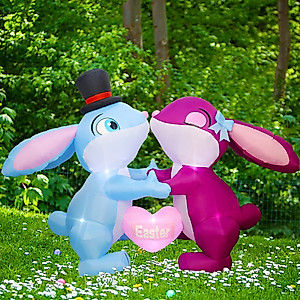 Juegoal Easter Inflatable Cute Bunny with Heart, 7.5ft Long Lighted Blow Valentine Rabbit Couples with Lights, Indoor Outdoor Valentine's Day Easter Xmas Decor, Light Up Lawn Yard Garden Decorations