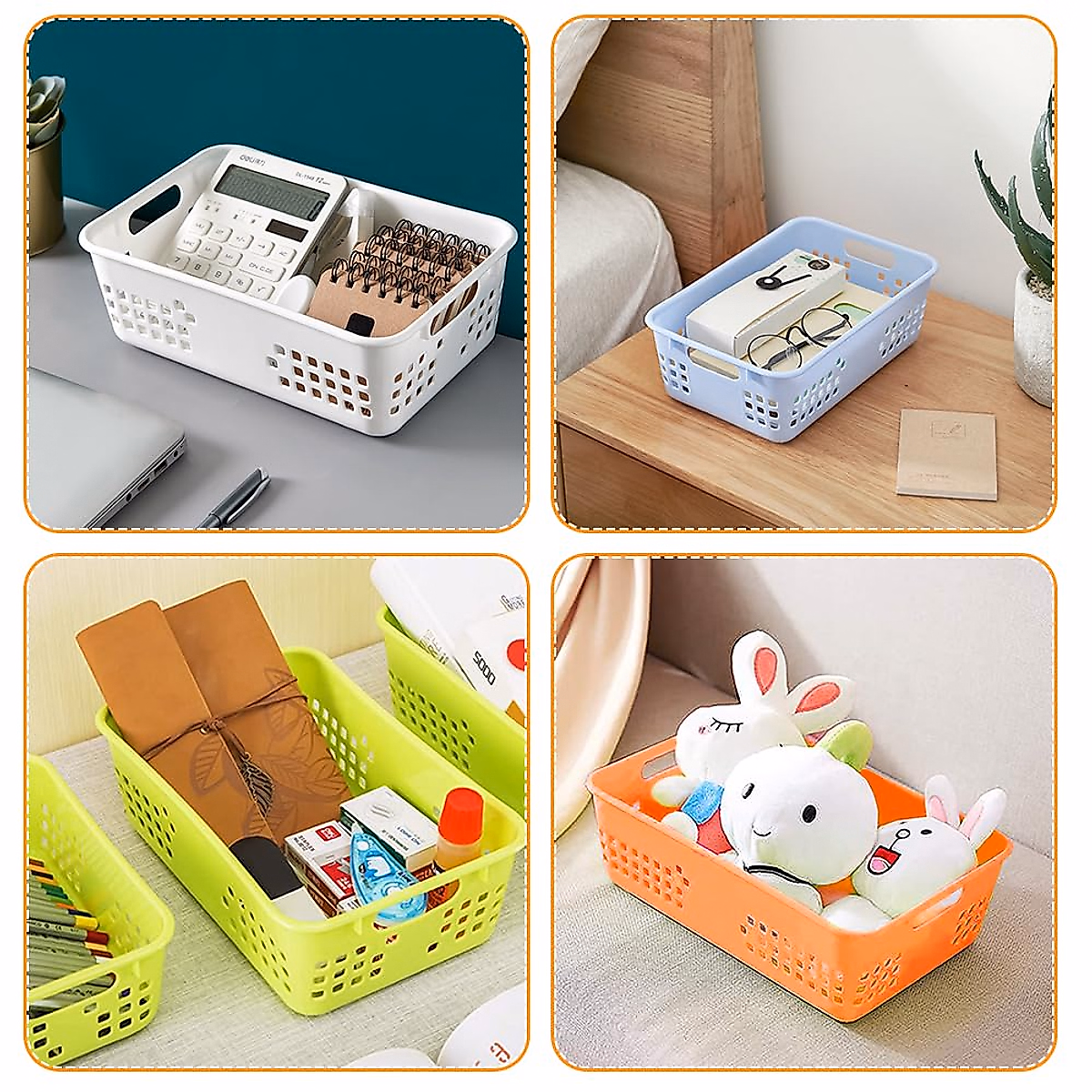 NDSWKR 12 Pack Small Plastic Storage Baskets, 8.5 x 5.5 x 3 Inch Colorful Classroom Organizer Basket for Kitchen Office Shelves Bathroom Cabinet