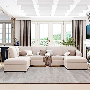 MOEO Large U-Shape Sectional Sofa, Double Extra Wide Chaise Lounge Couch, Birch Wood Legs Sponge, for Living Room Apartment, Office, Beige
