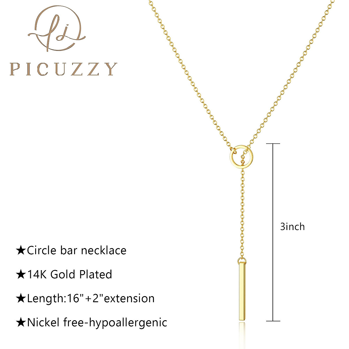 Picuzzy Lariat Gold Necklace for Women, Dainty 14k Gold Plated Y Necklace for Women Trendy Layered Circle Bar Chain Pendant Necklaces Simple Gold Jewelry for Women Gift