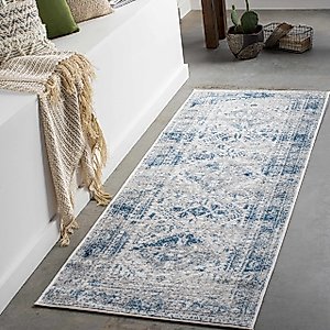 Hauteloom Inkom Hallway, Kitchen Runner Rug - Traditional Bohemian Medallion Carpet - Gray, Blue, Denim - 2'7" x 12'