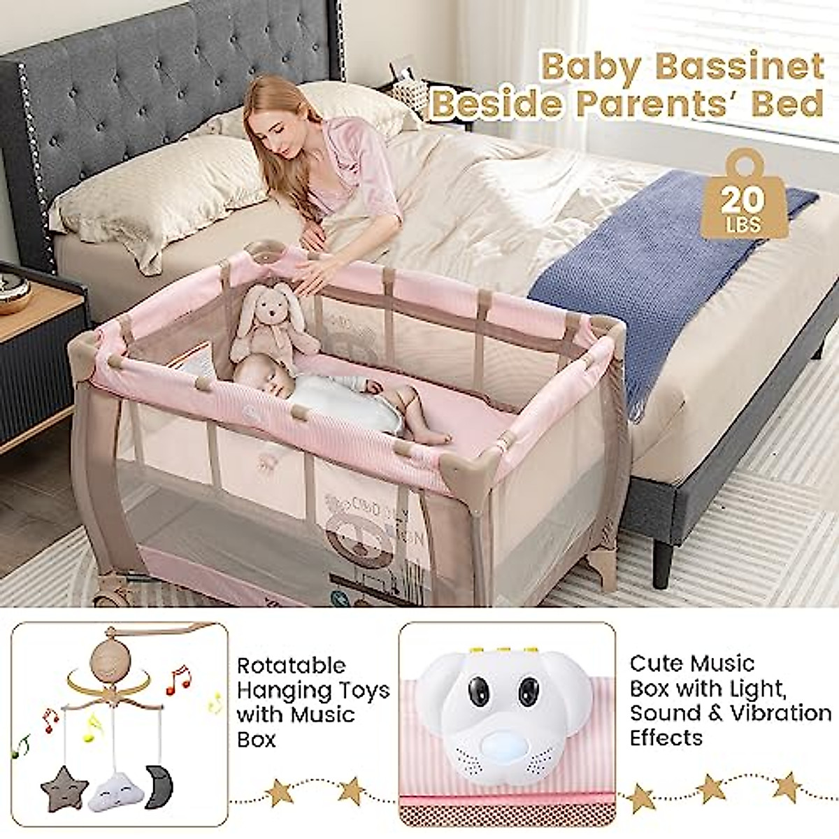 Costzon 3 in 1 Pack and Play with Bassinet, Portable Baby Playard with Changing Table, Bassinet, Music Box, Whirling Toys, Wheels/Brake, Large Basket, Bag, Foldable Travel Crib for Indoor Outdoor