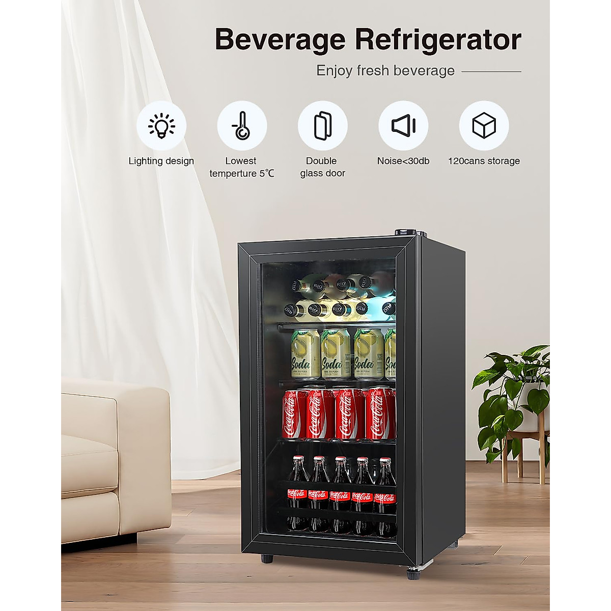 EUASOO FLB-60 Refrigerator Cooler-120 Can Freestanding Beverage Cooler with Glass Door-Small Drink Dispenser Machine for Office or Bar with Adjustable Removable Shelves, Black