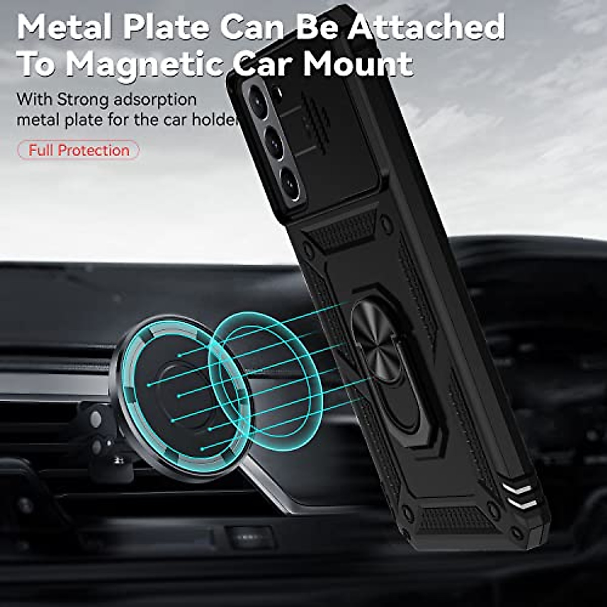 for Samsung Galaxy S21 Case with Camera Lens Cover HD Screen Protector, Dual Layer Military-Grade Drop Tested Magnetic Ring Holder Kickstand Protective Phone Case for Samsung Galaxy S21 5G (Black)