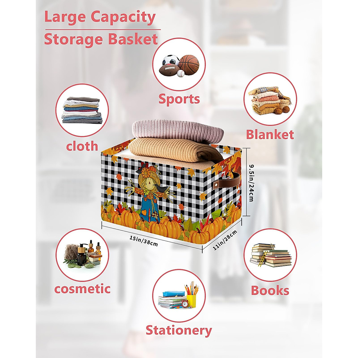 Thanksgiving Scarecrow Storage Bins 1 Pack, Large Waterproof Storage Baskets for Shelves Closet, Fall Pumpkin Maple Leaves Black White Plaid Storage Basket Foldable Storage Box Cube Storage Organizer