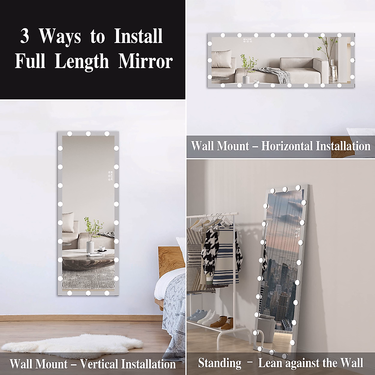 ANYHI Mirror with Lights Full Length, 62.6'' x 23.3'' LED Full Body Floor Dressing Mirror with 22 Dimmable Bulbs, Dimmable, 3 Color Lighting, Wall Mount/Standing (Silver)