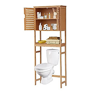 KINTNESS Over The Toilet Storage Cabinet - Bamboo Bathroom Storage Shelf with Doors and Shelves, Bathroom Organizer Rack Freestanding Space Saver for Bathroom, Laundry, Hotel, Restroom, Natural