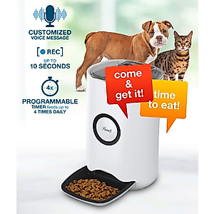 Rosewill Automatic Pet Feeder Food Dispenser for Cat or Dog, Up to 6.5 lbs of Dry Food with Alarm, Portion Control & Voice Recorder, Programmable, USB & Battery Powered, White - (RPPF-21001)
