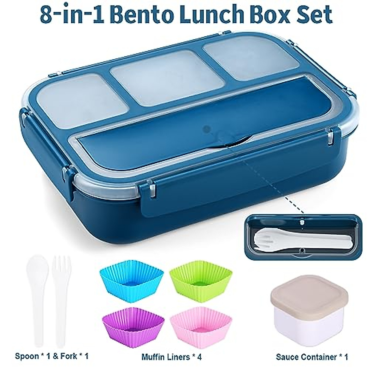 Bento Box Adult Lunch Box, Lunch Containers for Kids Girls Boys with 4 Compartments, Lunchable Food Container with Utensils, Sauce Jar, Muffin Liners, 40 Oz/5 Cup, Microwave & Dishwasher Safe, Blue