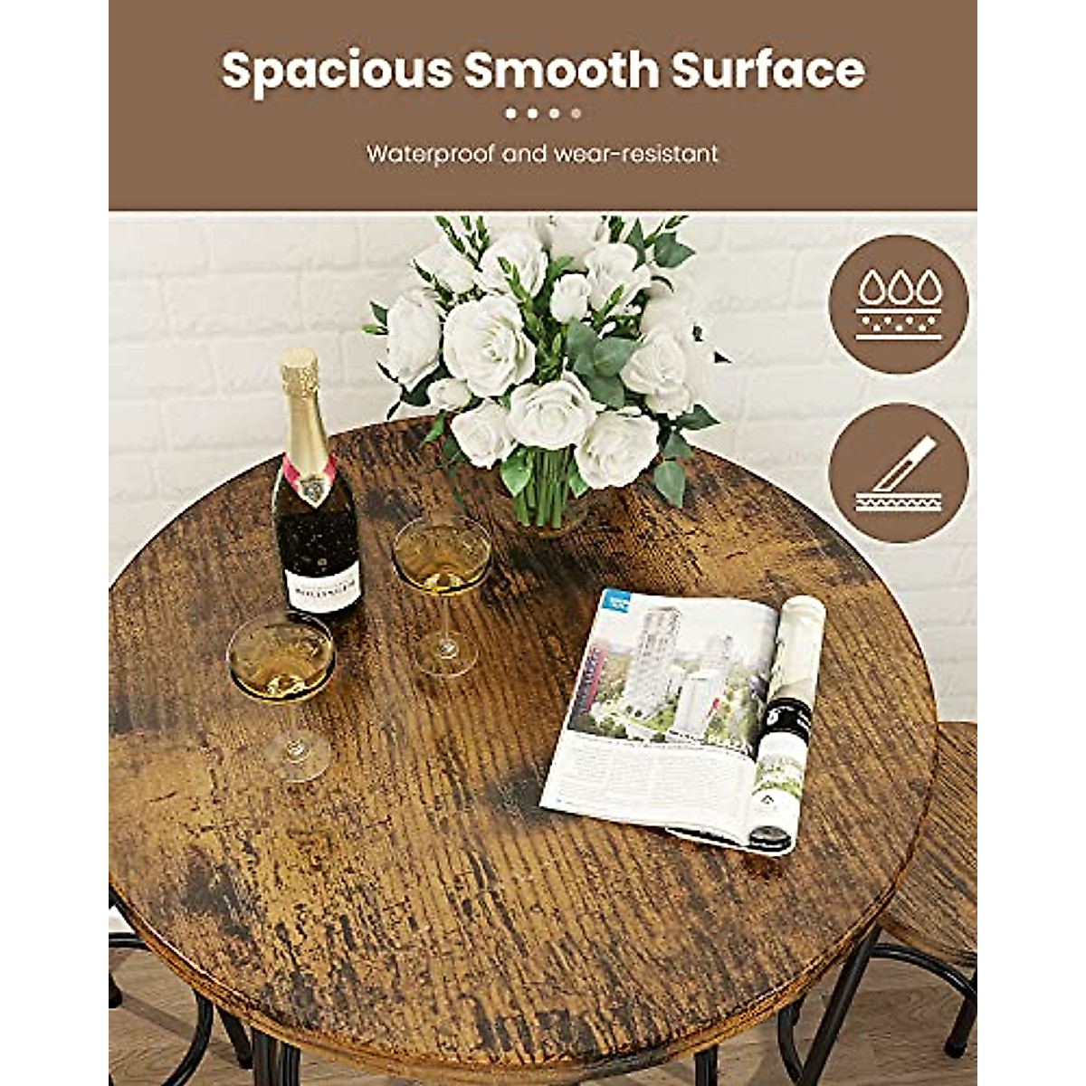 Recaceik 3 Piece Pub Dining Set, Modern Round bar Table and Stools for 2 Kitchen Counter Height Wood Top Bistro Easy Assemble for Breakfast Nook Living Room Small Space Restaurant, Rustic Brown 23