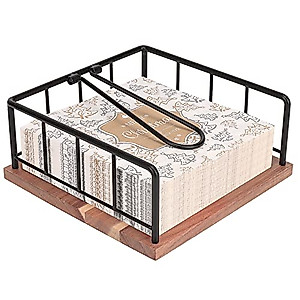 Livabber Flat Napkin Holder, Metal Kitchen Napkin Holder with Weighted Tension Arm Rustic Tissue Paper Dispenser for Countertop, Table Kitchen, Dining Room (With Wooden Base, Black)