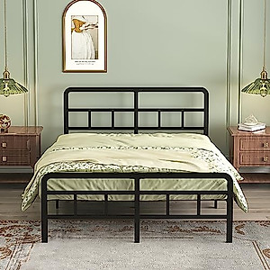 Richwanone Full Size Bed Frame with Headboard and Footboard, 14 inch Metal Platform with Steel Slat Support, No Box Spring Needed, Easy Assembly, Black