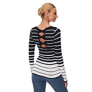 AmélieBoutik Women Striped V Neck Bow Open Back Long Sleeve Sweater (Black and Ivory X-Large)