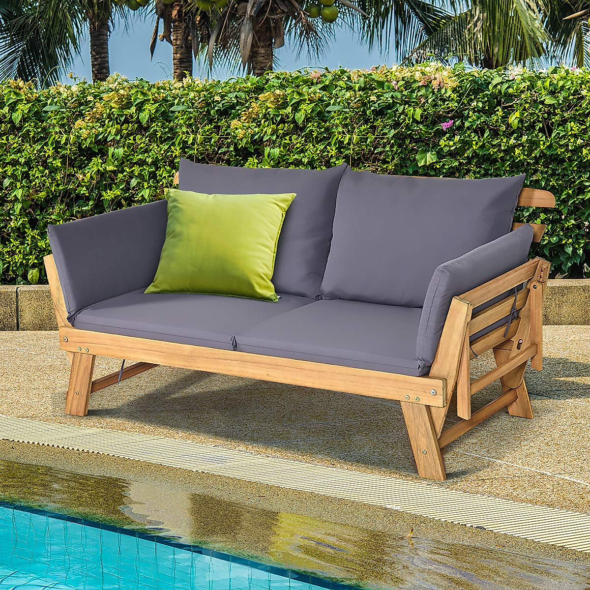 Tangkula Acacia Wood Patio Convertible Couch Sofa Bed with Adjustable Armrest, Outdoor Daybed with Cushion & Pillow, Folding Chaise Lounge Bench Ideal for Porch Courtyard Poolside (Dark Grey)