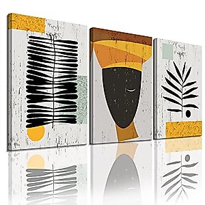 Framed Canvas Wall Art African Ethno Motive Wall Art Set, Abstract Ethno Art, African American Woman Portrait, Black Orange Print, Contemporary Collage, Minimalist (A-3pcs,12x16inchx3pcs)