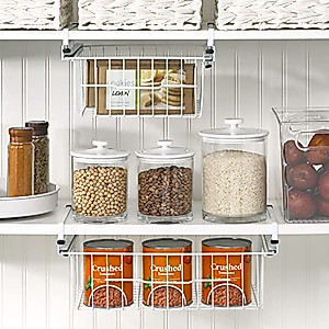 mDesign Compact Hanging Pullout Drawer Basket - Sliding Under Shelf Storage Organizer - Metal Wire - Attaches to Shelving - Easy Install - for Kitchen, Pantry, Cabinet - 2 Pack - White