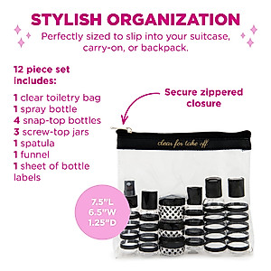 Miamica “Clear for Take Off” TSA Compliant Travel Bottles and Travel Toiletry Bag – Includes 12 Pieces – 7.55" L x 7.4" W x 1.8" D, Clear/Black – Cute Travel Gifts